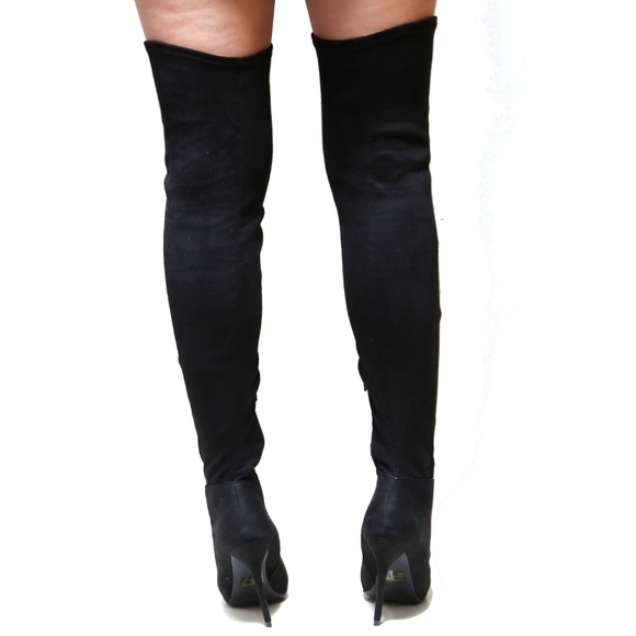 Shoes | Black Stretch Over Knee Stiletto Pointy Toe Boots | Poshmark